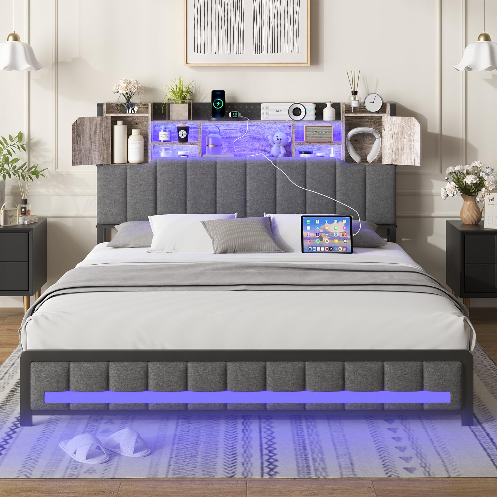 Queen Bed Frame with 3-Tier Headboard & 2 Hidden Storage, LED Lights Upholstered Bed Frame Queen Size with Charging Station, Platform Metal Bed Frame with Storage, No Box Spring Needed, Charcoal Gray