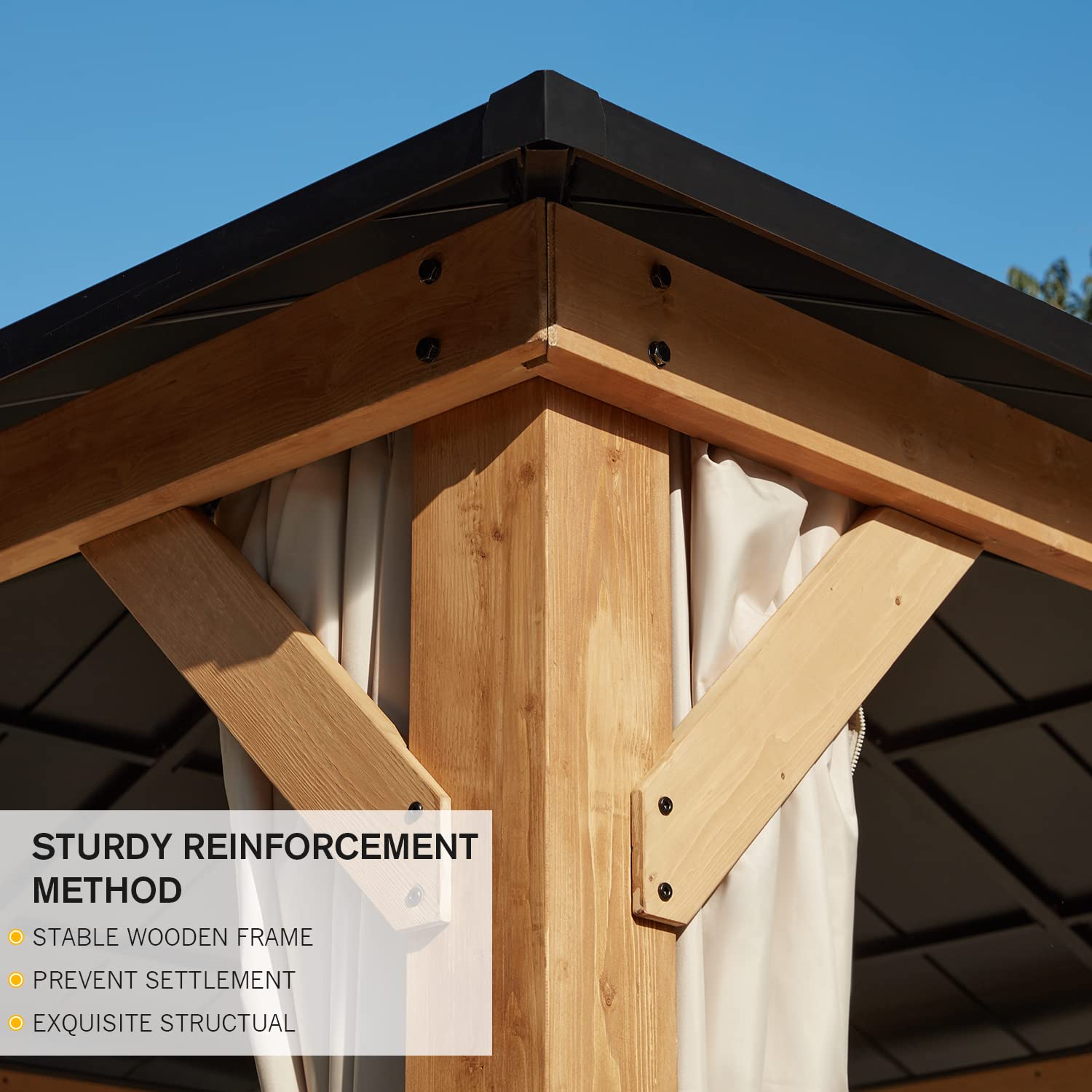 MELLCOM 11' x 11' Outdoor Cedar Wood Gazebo, Hardtop Wooden Frame Gazebo with Double Metal Roof, Solid Cedar Frame Gazebo with Privacy Curtains and Mosquito Nettings for Patios, Gardens, Backyards