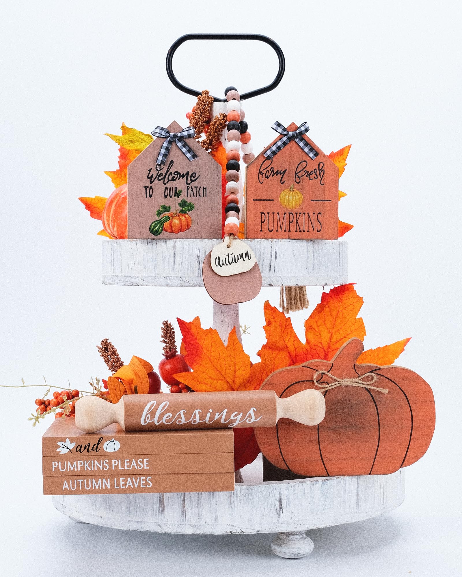 DN DECONATION 8 Pcs Fall Tiered Tray Decor Set,Fall Decorations for Home,Wooden Pumpkin Decoration, Thanksgiving Wooden Table Signs,Fall Book Stack Decor,Home, Table, Farmhouse, Gifts