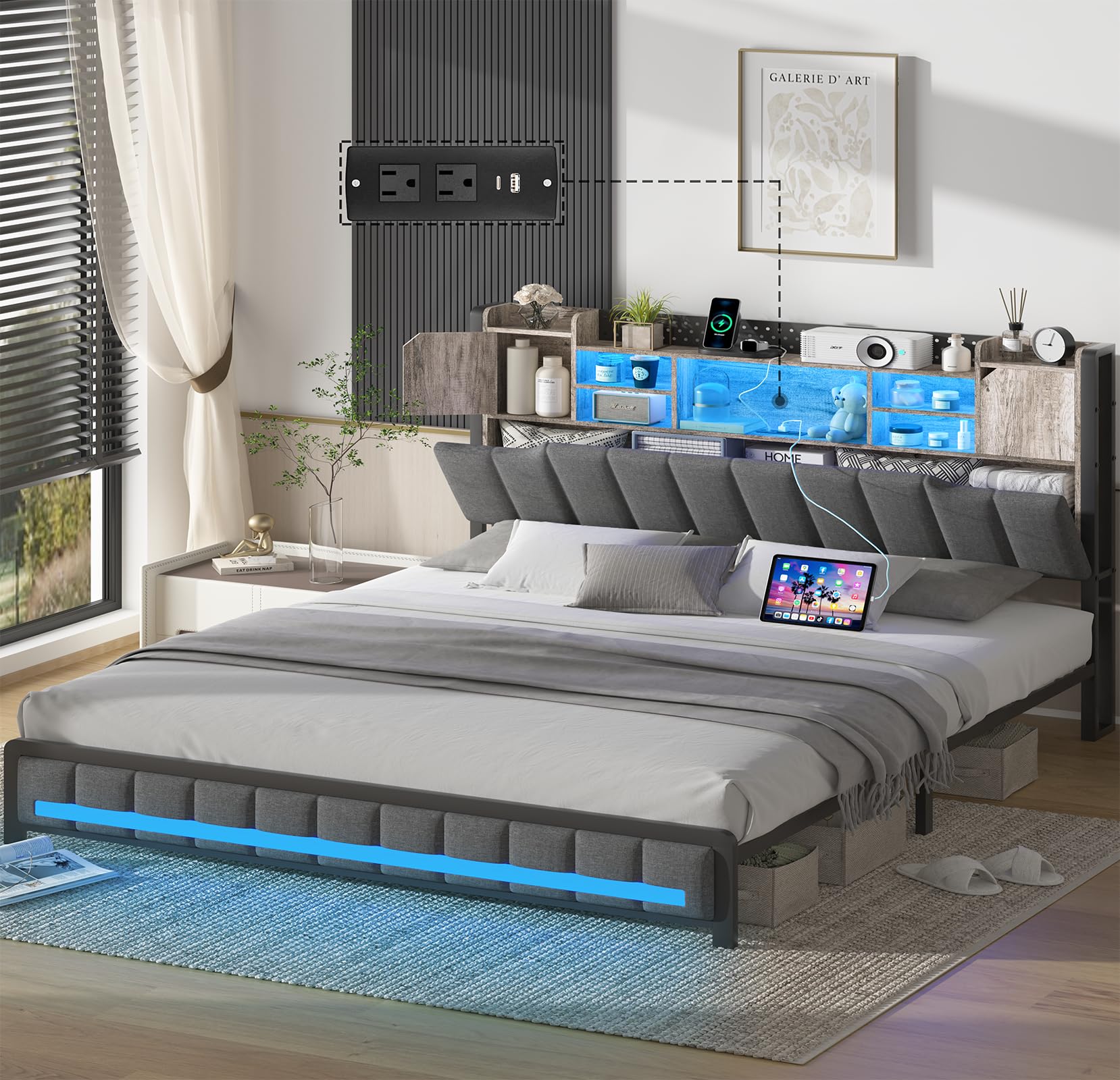 Queen Bed Frame with 3-Tier Headboard & 2 Hidden Storage, LED Lights Upholstered Bed Frame Queen Size with Charging Station, Platform Metal Bed Frame with Storage, No Box Spring Needed, Charcoal Gray
