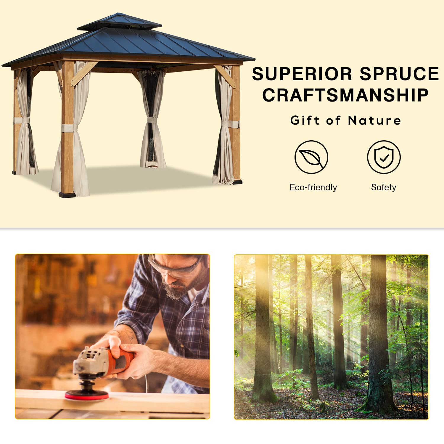 MELLCOM 11' x 11' Outdoor Cedar Wood Gazebo, Hardtop Wooden Frame Gazebo with Double Metal Roof, Solid Cedar Frame Gazebo with Privacy Curtains and Mosquito Nettings for Patios, Gardens, Backyards