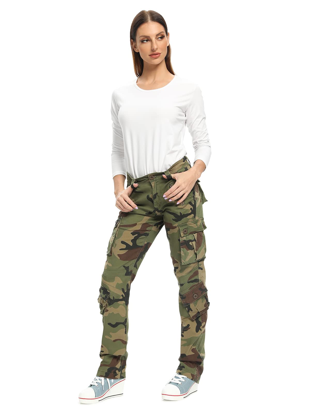 OCHENTA Womens Cotton Stretch Camo Cargo Pants Combat Tactical Casual Work Travel with Pockets with 8 Pockets Camo 29 Size 6