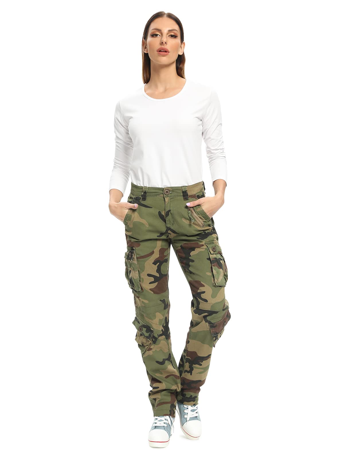 OCHENTA Womens Cotton Stretch Camo Cargo Pants Combat Tactical Casual Work Travel with Pockets with 8 Pockets Camo 29 Size 6