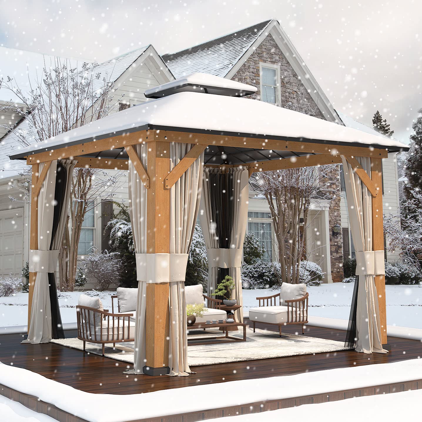 MELLCOM 11' x 11' Outdoor Cedar Wood Gazebo, Hardtop Wooden Frame Gazebo with Double Metal Roof, Solid Cedar Frame Gazebo with Privacy Curtains and Mosquito Nettings for Patios, Gardens, Backyards