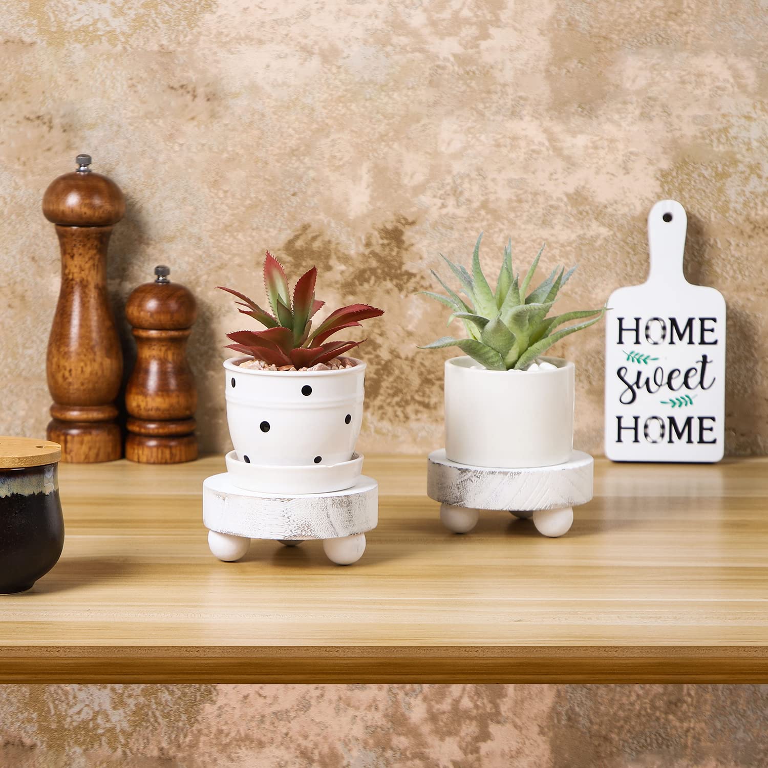 Ziluce Mini Wood Riser for Tiered Tray Decor, 2-Pack Small Wooden Risers for Display, 4-Inch Round Pedestal Stand, Distressed Farmhouse Risers for Home Decor - White
