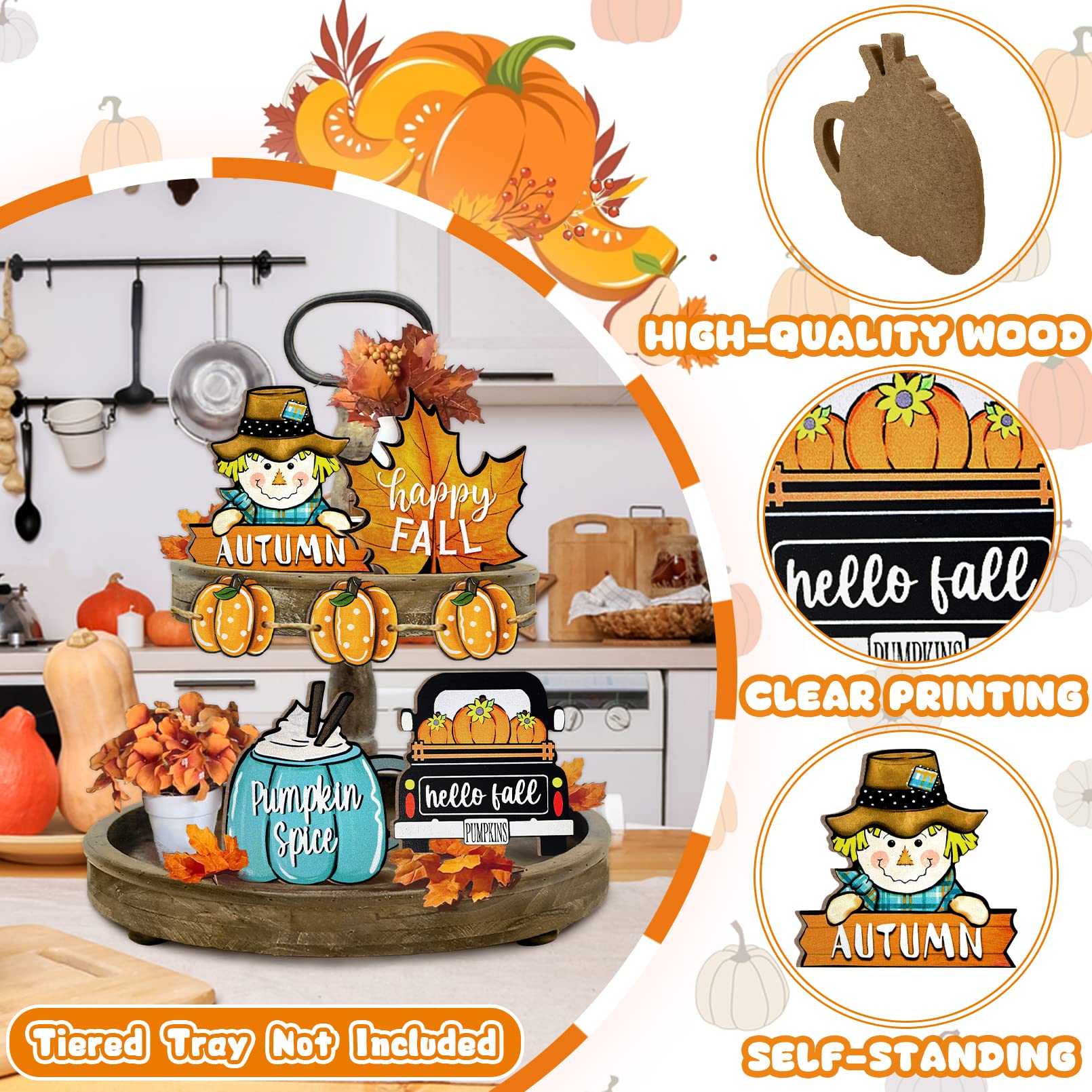 Guoofu Fall Scarecrow Tiered Tray Decor, Farmhouse Pumpkin Tray Decorations, Happy Fall Maple Leaf Truck Pumpkin Spice Wooden Signs, Autumn Thanksgiving Rustic Home Decor for Party Tabletop