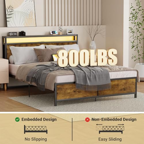 Zevemomo Queen Size Bed Frame with Storage Headboard, Metal Platform Bed Frame with RGB LED Lights & USB Ports, Heavy Duty Metal Slats Support No Box Spring Needed