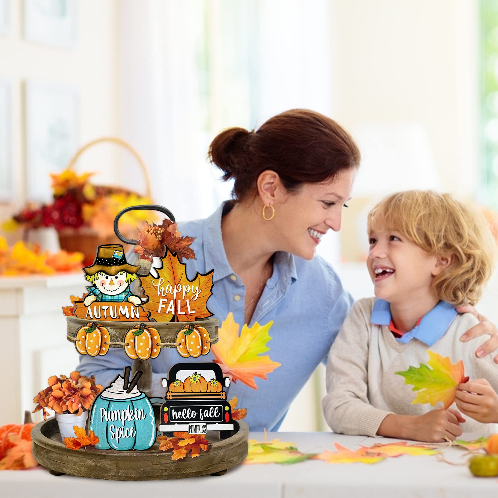 Guoofu Fall Scarecrow Tiered Tray Decor, Farmhouse Pumpkin Tray Decorations, Happy Fall Maple Leaf Truck Pumpkin Spice Wooden Signs, Autumn Thanksgiving Rustic Home Decor for Party Tabletop