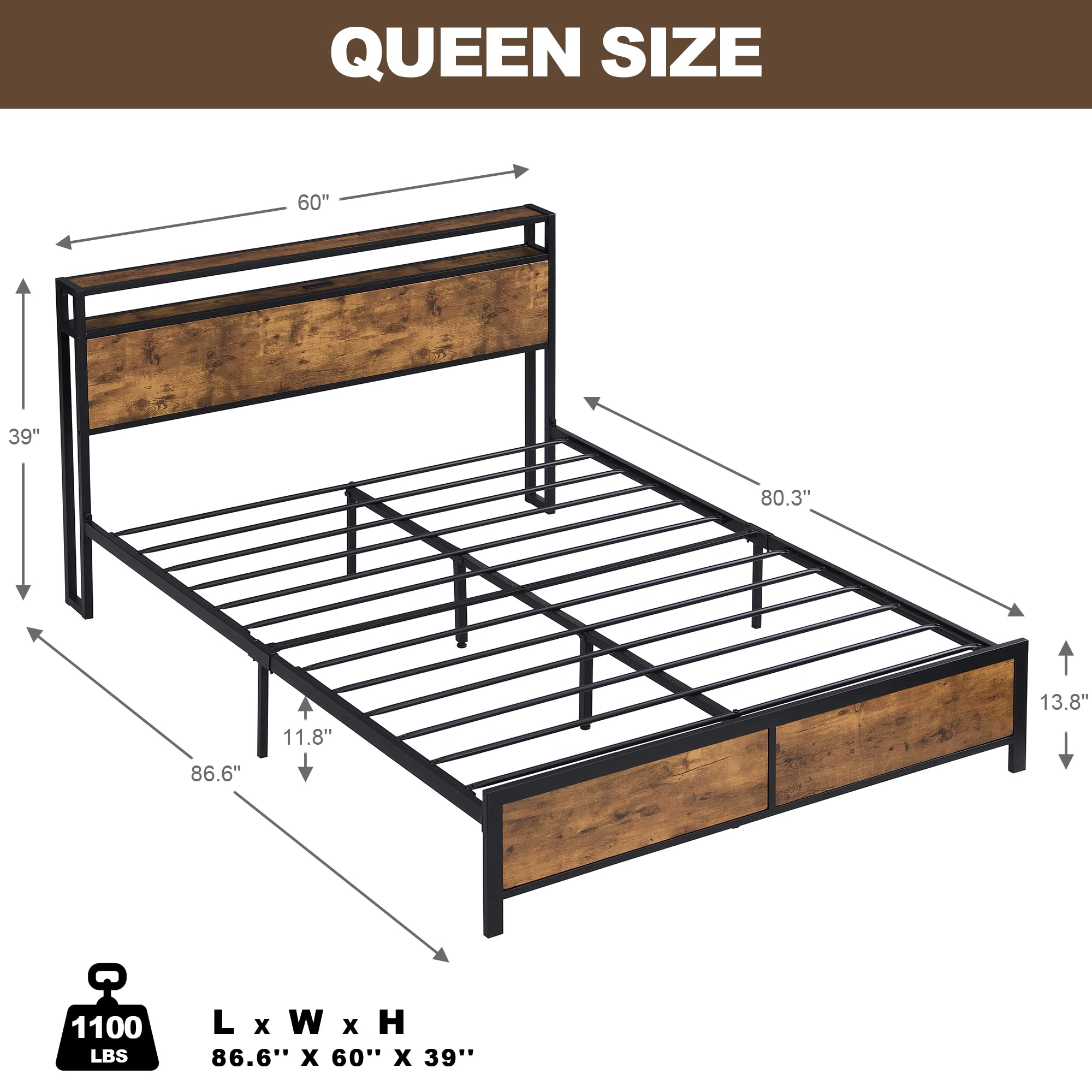 Ucloveria Queen Size Bed Frame with LED Lights and 2 USB Ports, Industrial Bed Frame Queen Size with 2-Tier Storage Wooden Headboard, Noise Free, No Box Spring Needed, Rustic Brown