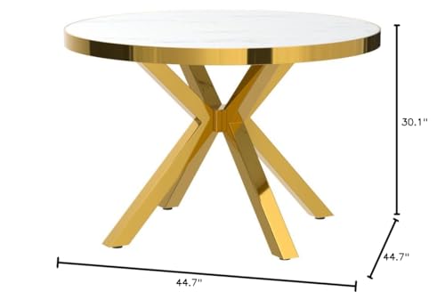 AUZ Round Dining Table, 45 inch White and Gold Table with Gorgeous Polished Stainless Steel Circle Trim and Cross Legs