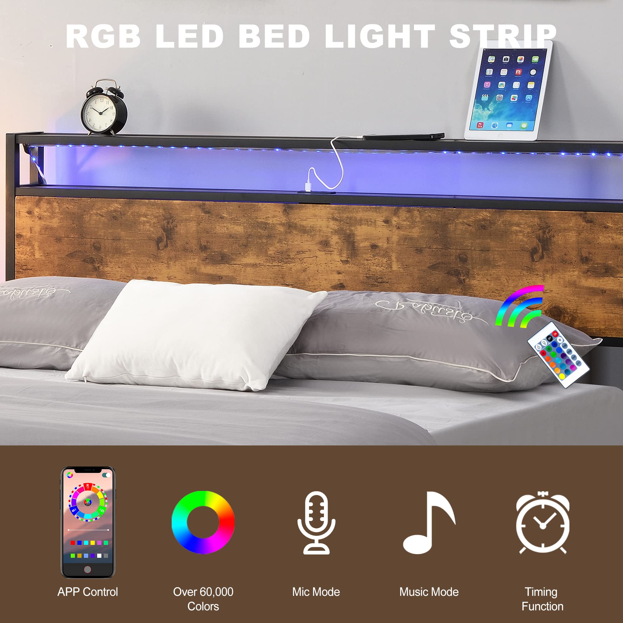 Ucloveria Queen Size Bed Frame with LED Lights and 2 USB Ports, Industrial Bed Frame Queen Size with 2-Tier Storage Wooden Headboard, Noise Free, No Box Spring Needed, Rustic Brown