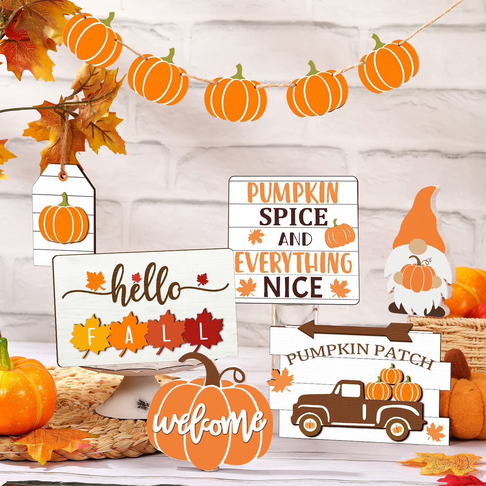 Yalikop Fall Tiered Tray Decor Set Thanksgiving Pumpkin Maple Leaves Gnome Wood Sign Hello Fall Rustic Farmhouse Wood Bead Decorative Tabletop Signs for Autumn Thanksgiving Day Table Holiday