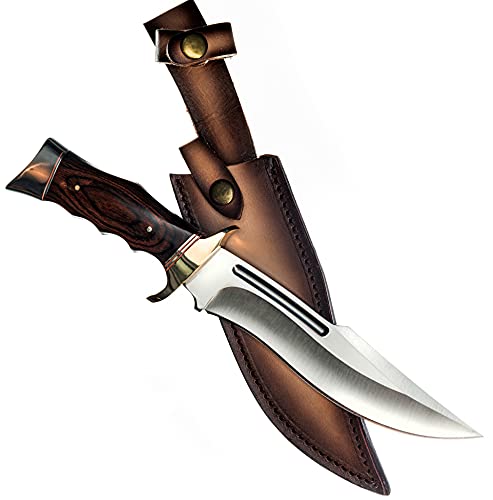 Kratos ZF9 Bowie Knife | Handmade | 13.25" Hardened High Carbon 440 Stainless Steel | 30-degree double bevel Edge | Wood Handle | Leather Sheath | Outdoor Hunting, Bushcraft, Boning, & Camping