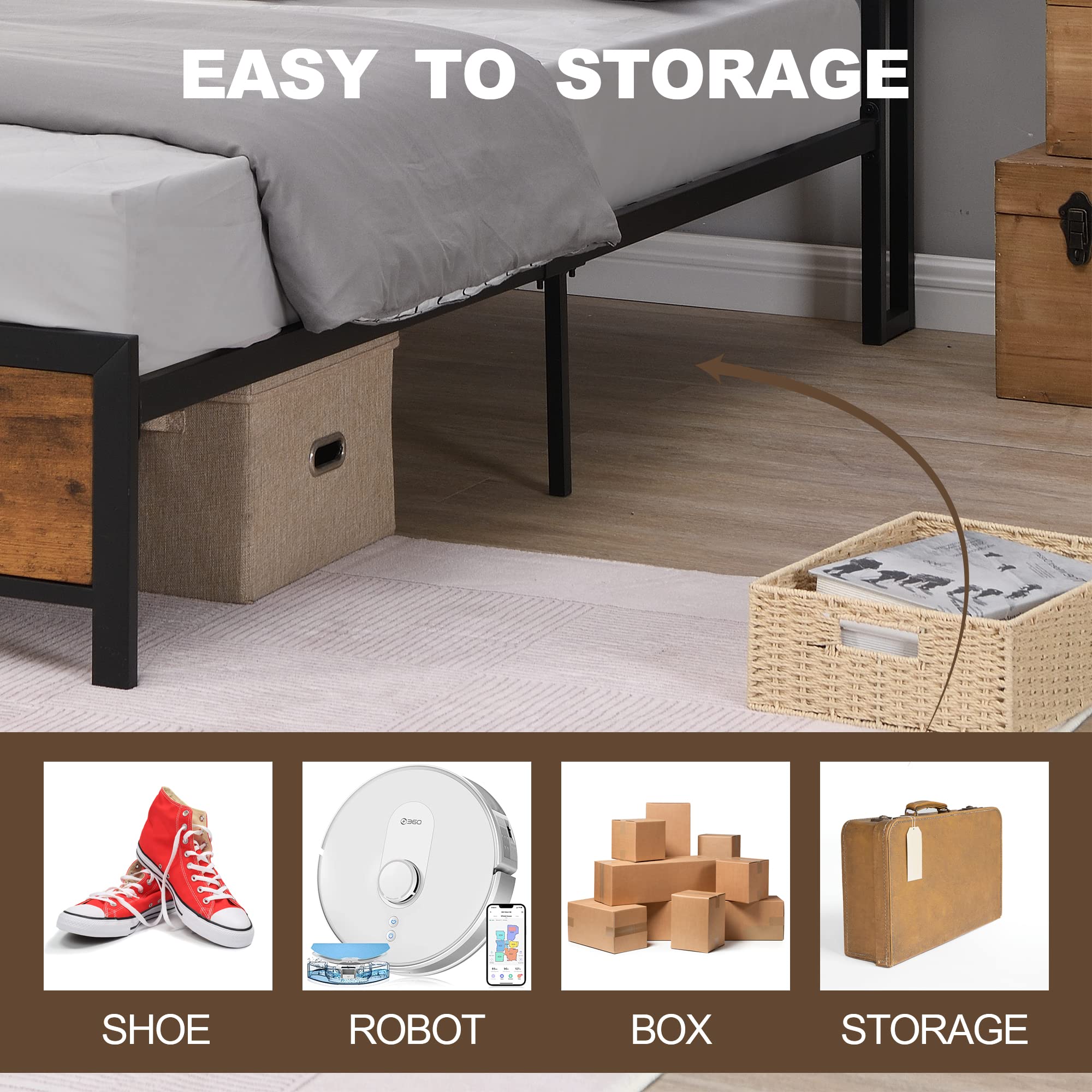 Ucloveria Queen Size Bed Frame with LED Lights and 2 USB Ports, Industrial Bed Frame Queen Size with 2-Tier Storage Wooden Headboard, Noise Free, No Box Spring Needed, Rustic Brown