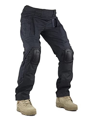 Survival Tactical Gear Pants with Knee Pads Hunting Paintball Airsoft BDU Military Camo Combat Trousers for Men (Black, L)