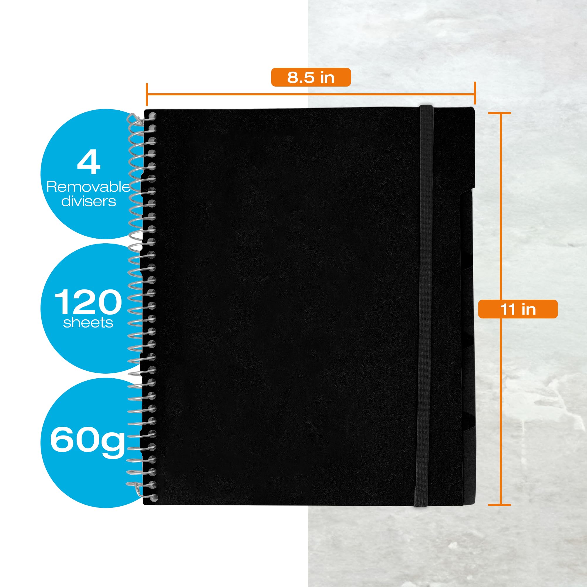 Confetti Spiral Notebook - Hole Punched - 4 Removable Dividers, Spill Proof Cover, Closing Elastic Band, Storage Pocket - Sturdy Bound Notepad, School & Office Supplies - 120 Sheets - Black