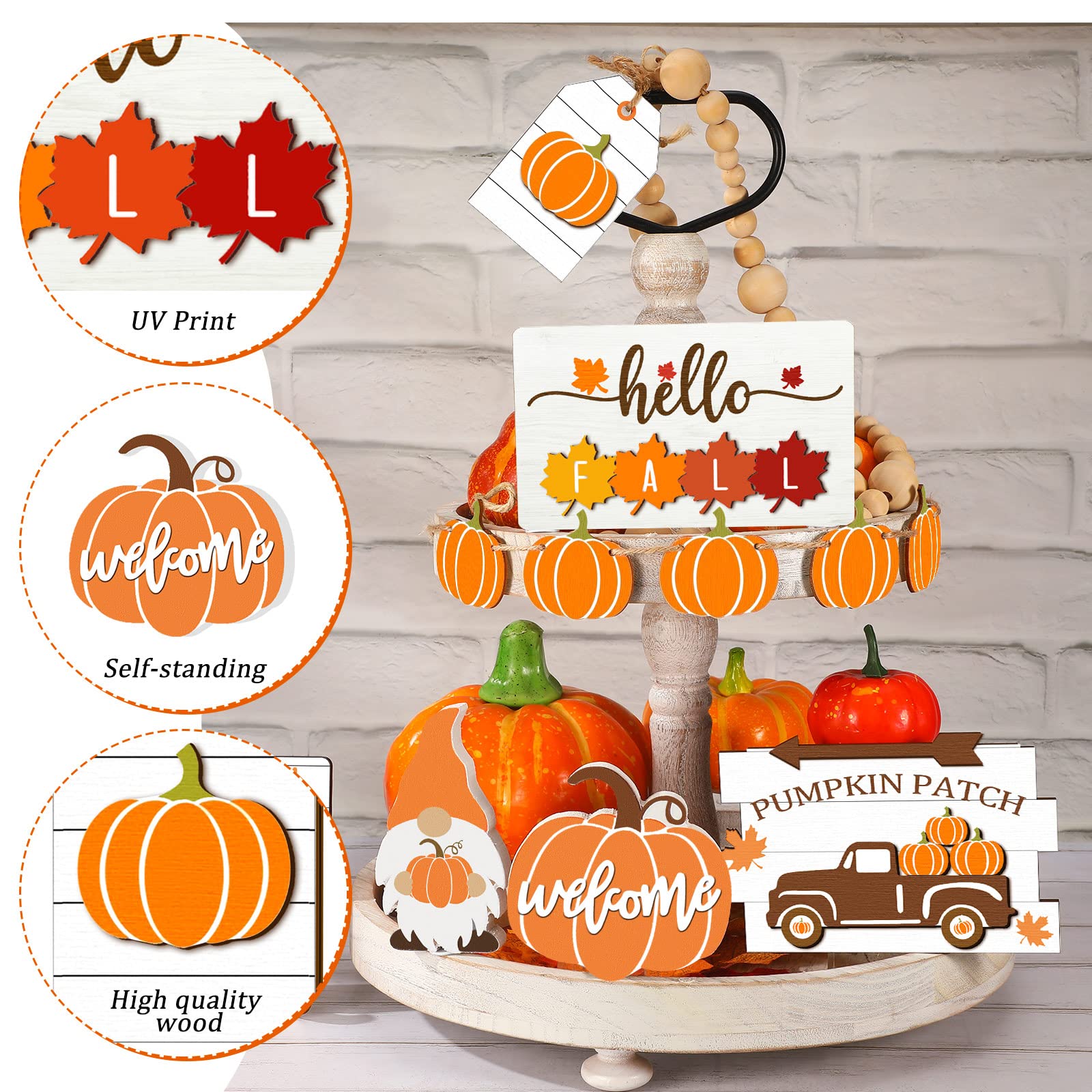 Yalikop Fall Tiered Tray Decor Set Thanksgiving Pumpkin Maple Leaves Gnome Wood Sign Hello Fall Rustic Farmhouse Wood Bead Decorative Tabletop Signs for Autumn Thanksgiving Day Table Holiday