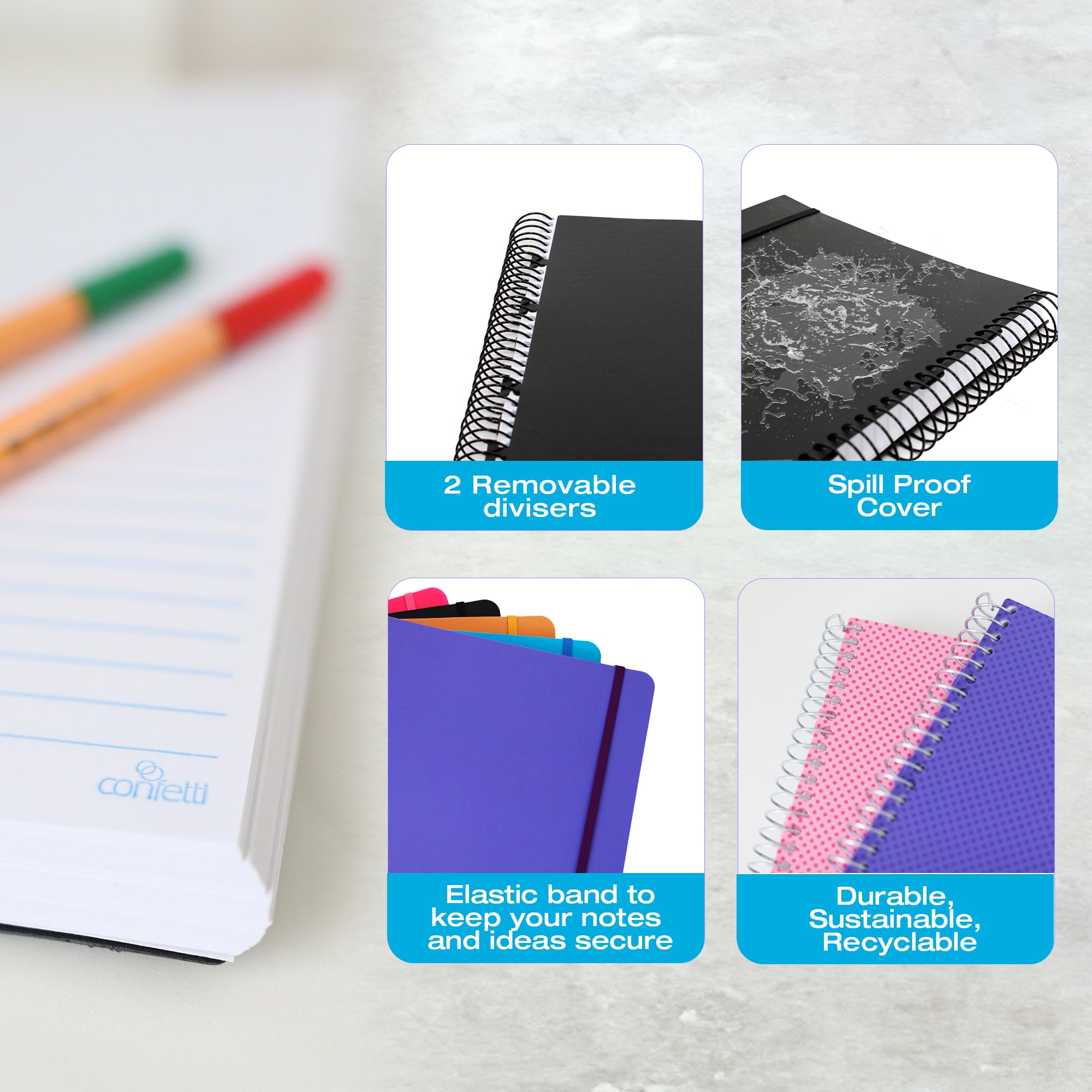 Confetti Spiral Notebook - Hole Punched - 4 Removable Dividers, Spill Proof Cover, Closing Elastic Band, Storage Pocket - Sturdy Bound Notepad, School & Office Supplies - 120 Sheets - Black
