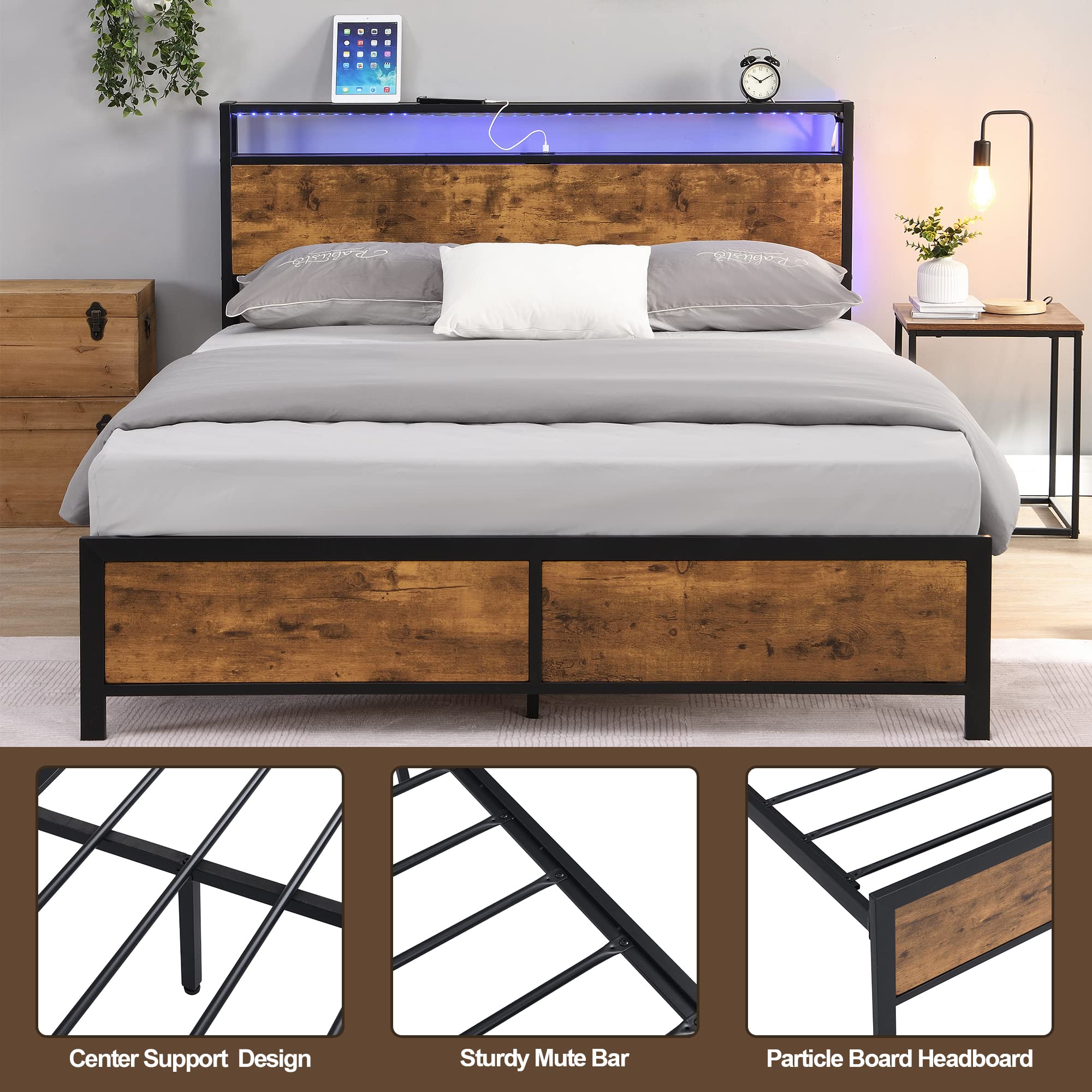Ucloveria Queen Size Bed Frame with LED Lights and 2 USB Ports, Industrial Bed Frame Queen Size with 2-Tier Storage Wooden Headboard, Noise Free, No Box Spring Needed, Rustic Brown