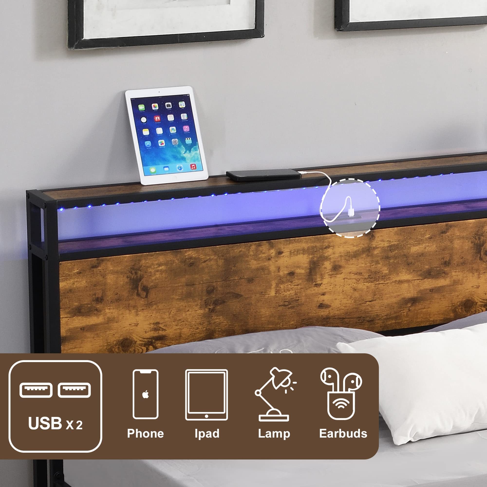 Ucloveria Queen Size Bed Frame with LED Lights and 2 USB Ports, Industrial Bed Frame Queen Size with 2-Tier Storage Wooden Headboard, Noise Free, No Box Spring Needed, Rustic Brown