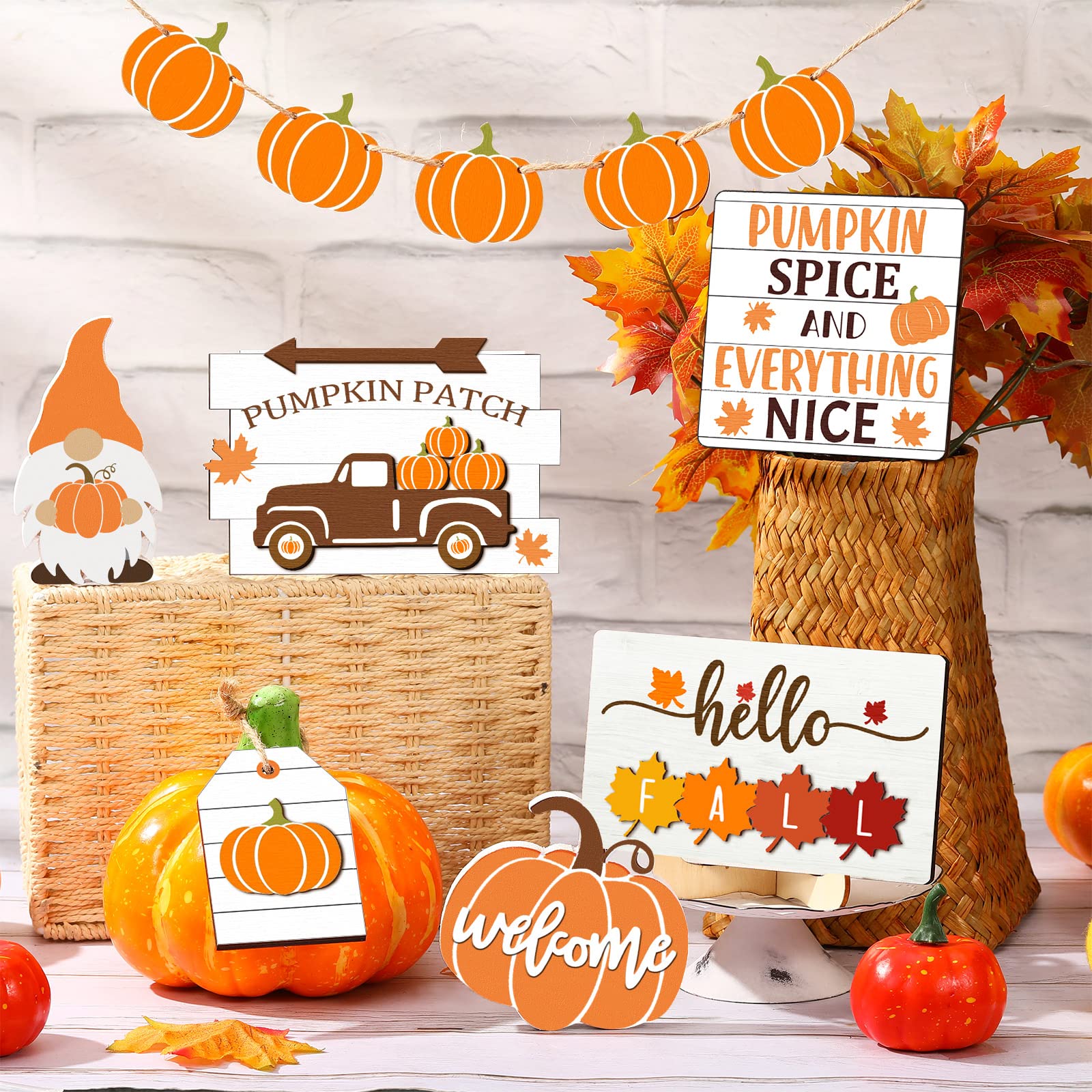 Yalikop Fall Tiered Tray Decor Set Thanksgiving Pumpkin Maple Leaves Gnome Wood Sign Hello Fall Rustic Farmhouse Wood Bead Decorative Tabletop Signs for Autumn Thanksgiving Day Table Holiday