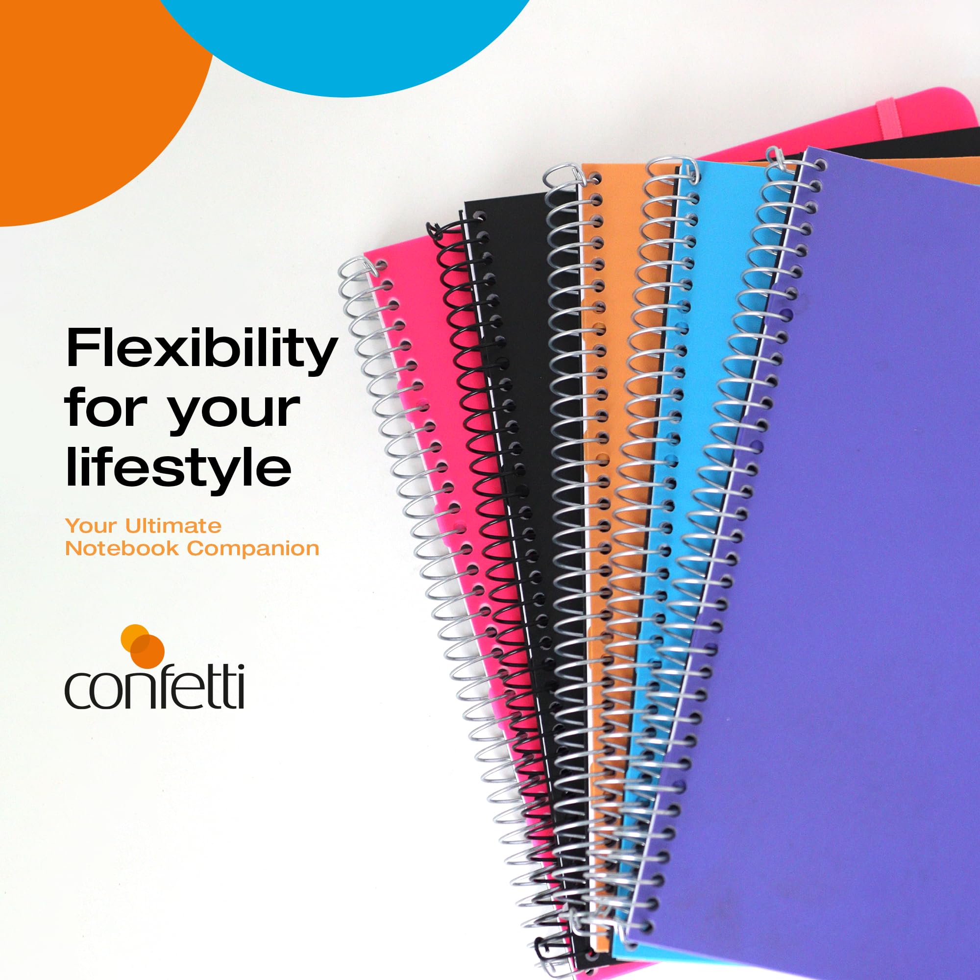 Confetti Spiral Notebook - Hole Punched - 4 Removable Dividers, Spill Proof Cover, Closing Elastic Band, Storage Pocket - Sturdy Bound Notepad, School & Office Supplies - 120 Sheets - Black