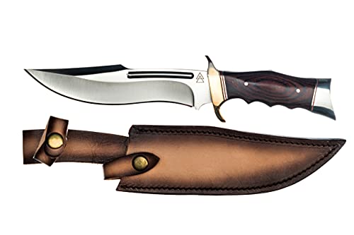 Kratos ZF9 Bowie Knife | Handmade | 13.25" Hardened High Carbon 440 Stainless Steel | 30-degree double bevel Edge | Wood Handle | Leather Sheath | Outdoor Hunting, Bushcraft, Boning, & Camping