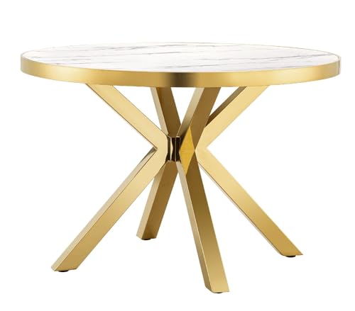 AUZ Round Dining Table, 45 inch White and Gold Table with Gorgeous Polished Stainless Steel Circle Trim and Cross Legs