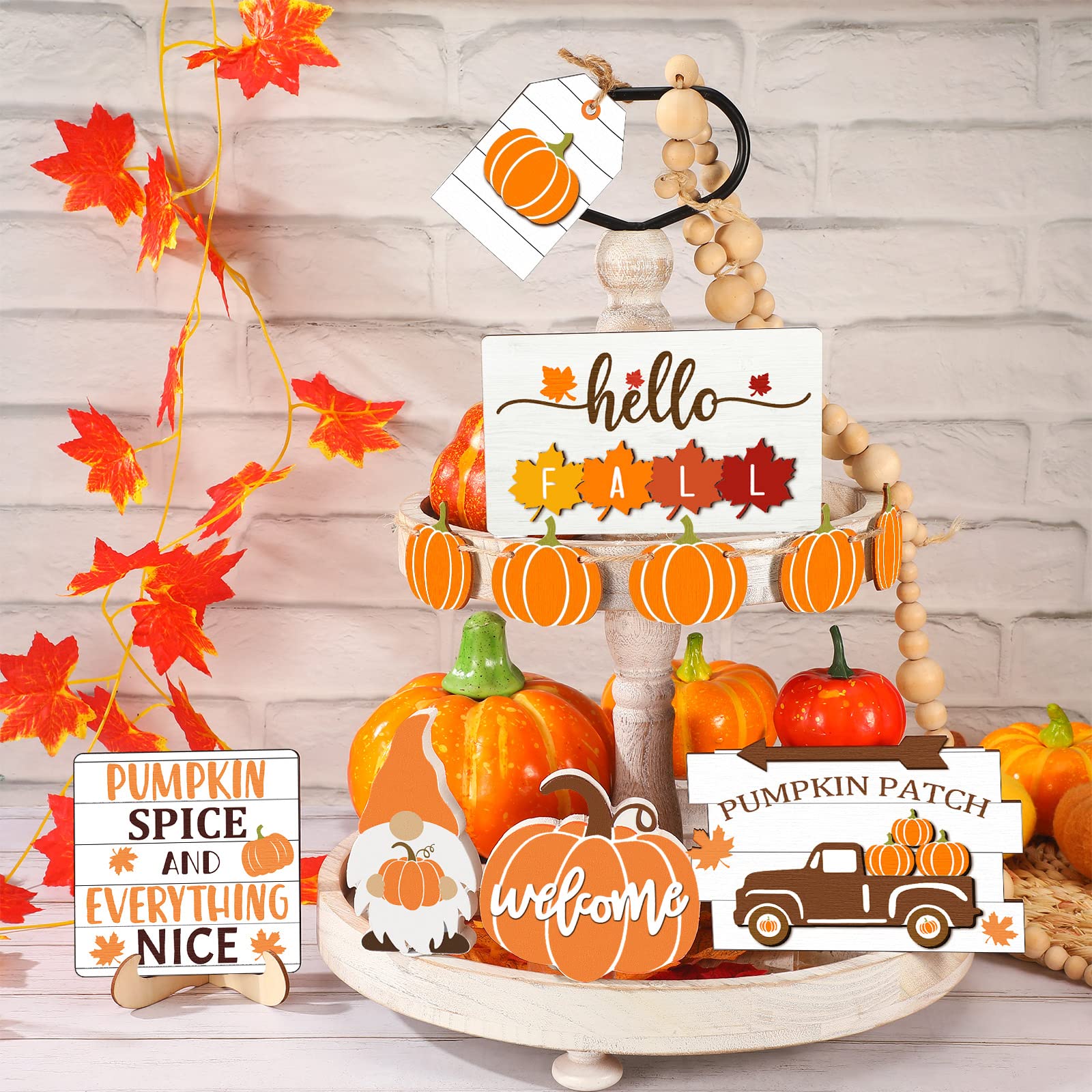 Yalikop Fall Tiered Tray Decor Set Thanksgiving Pumpkin Maple Leaves Gnome Wood Sign Hello Fall Rustic Farmhouse Wood Bead Decorative Tabletop Signs for Autumn Thanksgiving Day Table Holiday