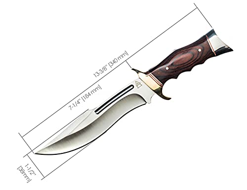 Kratos ZF9 Bowie Knife | Handmade | 13.25" Hardened High Carbon 440 Stainless Steel | 30-degree double bevel Edge | Wood Handle | Leather Sheath | Outdoor Hunting, Bushcraft, Boning, & Camping