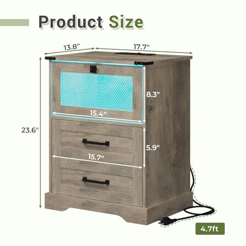 Hasuit Farmhouse Night Stand with LED Lights and Charging Station, Rustic Oak Nightstand with 2 Drawers, and Cubby with Wire Mesh Door, Bedside End Table for Bedroom