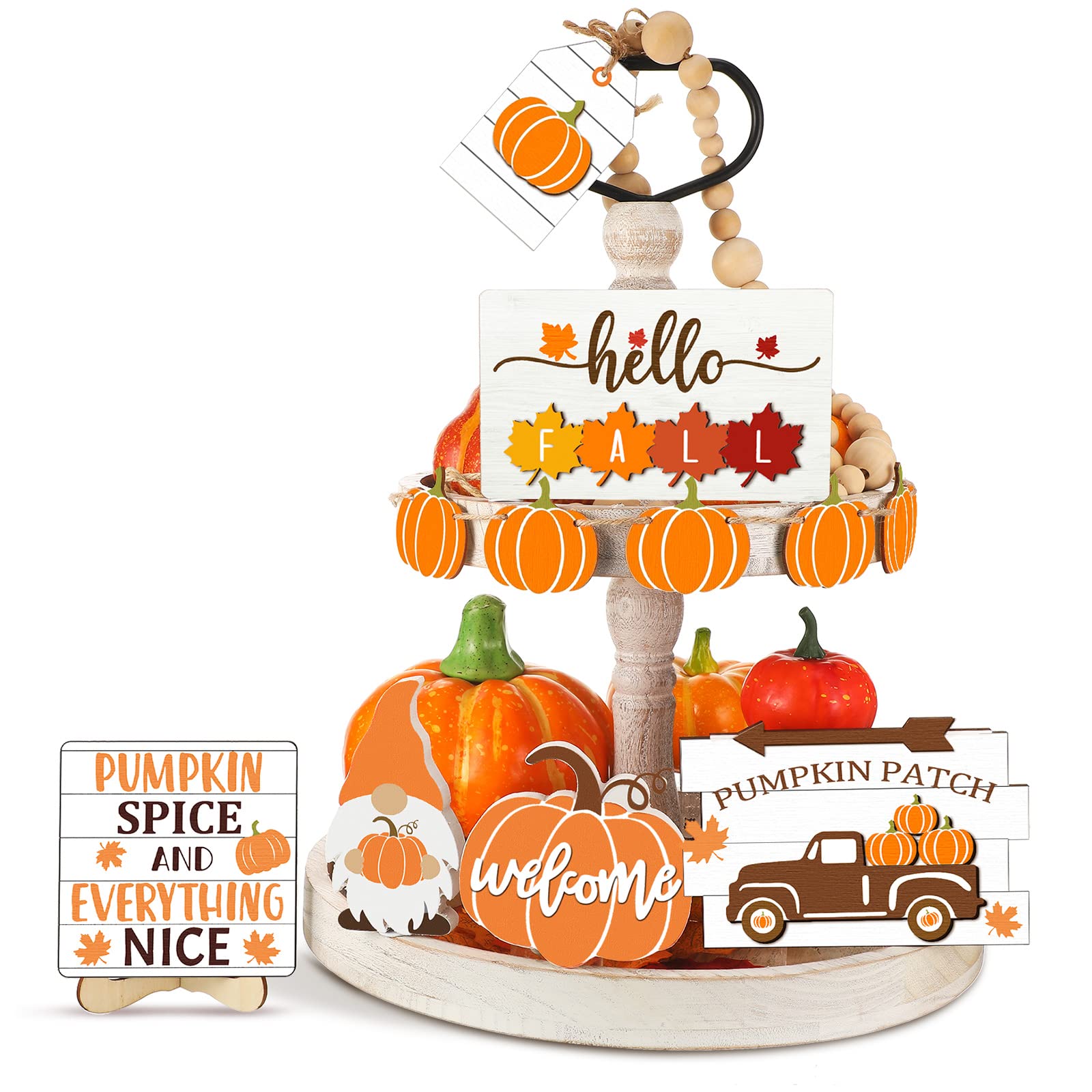 Yalikop Fall Tiered Tray Decor Set Thanksgiving Pumpkin Maple Leaves Gnome Wood Sign Hello Fall Rustic Farmhouse Wood Bead Decorative Tabletop Signs for Autumn Thanksgiving Day Table Holiday
