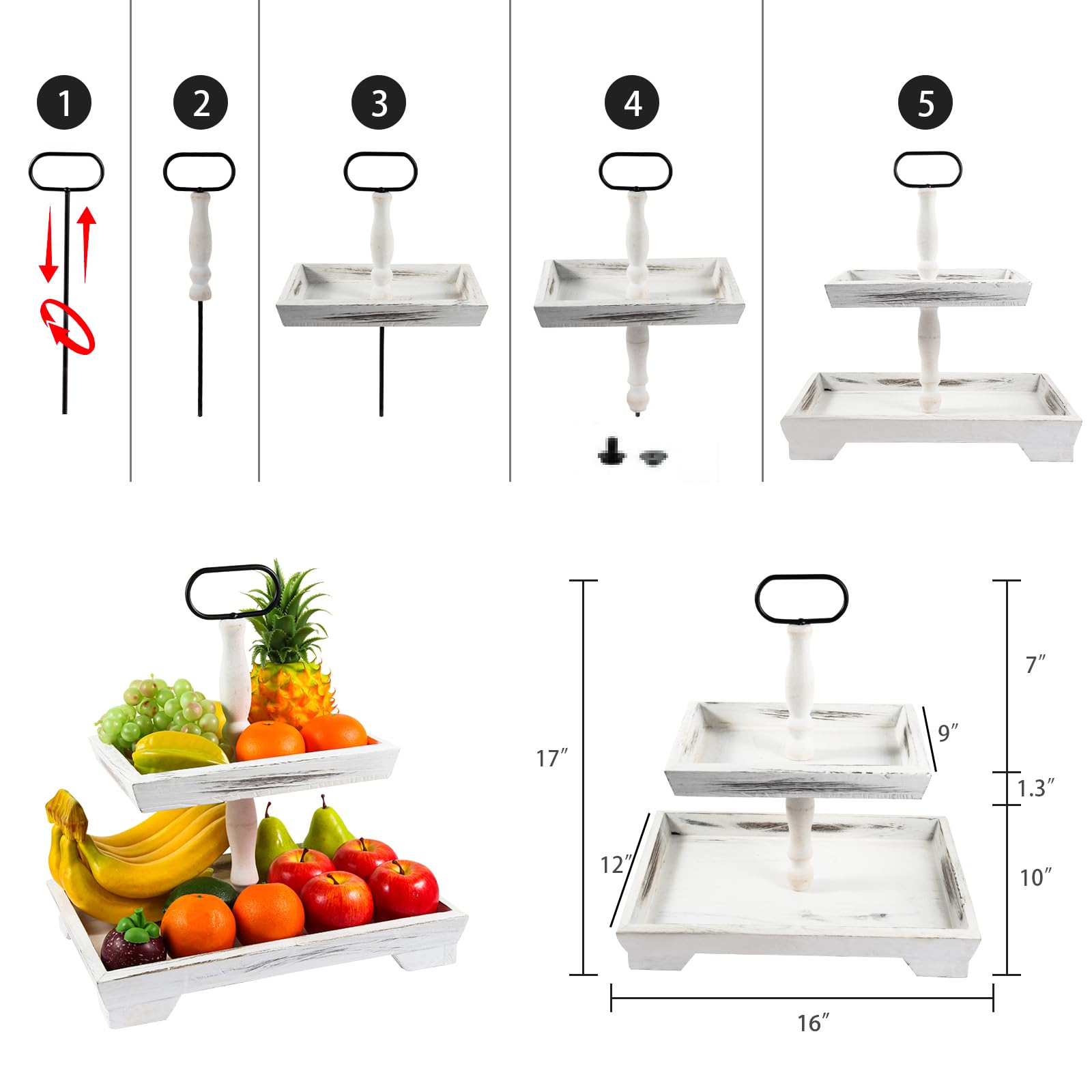 CRAZYMOTO Wood 2-Tier Rustic Tray, Farmhouse Tiered Tray Stand, Rectangular Tray for Cakes, Desserts, Fruits, Snack, Candy, 16x12x17 inches, 4 lbs, White