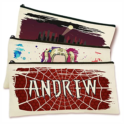 Personalized Super Hero Pencil Case w/Name Students - Custom Superhero Pen Box Birthday Gifts Boys Girls - Customized Canvas Pencils Cases Box - 10''x6'' - Man Pencil Pouch Spider Bat Design C1 Beige