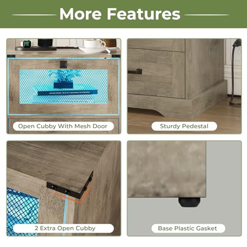 Hasuit Farmhouse Night Stand with LED Lights and Charging Station, Rustic Oak Nightstand with 2 Drawers, and Cubby with Wire Mesh Door, Bedside End Table for Bedroom