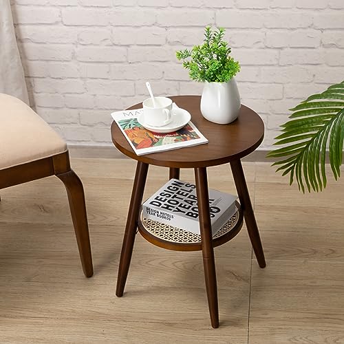 LUSUOWLZ 2 Tire Round Coffee Table, Wooden Hollow Design Side Table for Bedside or Sofa Side, 15.75" Walnut End Table, Morden Wooden Nightstand, 1 Set