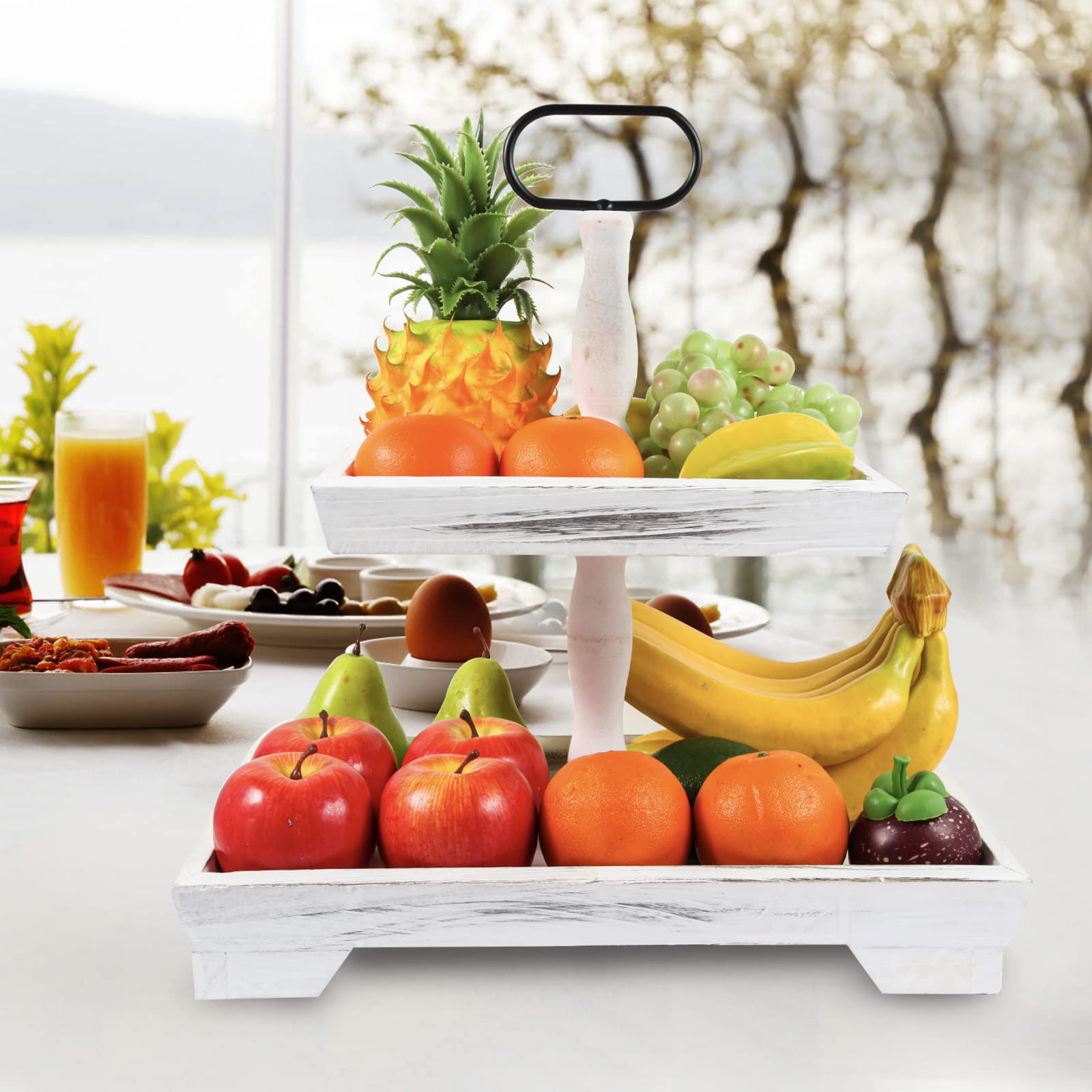 CRAZYMOTO Wood 2-Tier Rustic Tray, Farmhouse Tiered Tray Stand, Rectangular Tray for Cakes, Desserts, Fruits, Snack, Candy, 16x12x17 inches, 4 lbs, White
