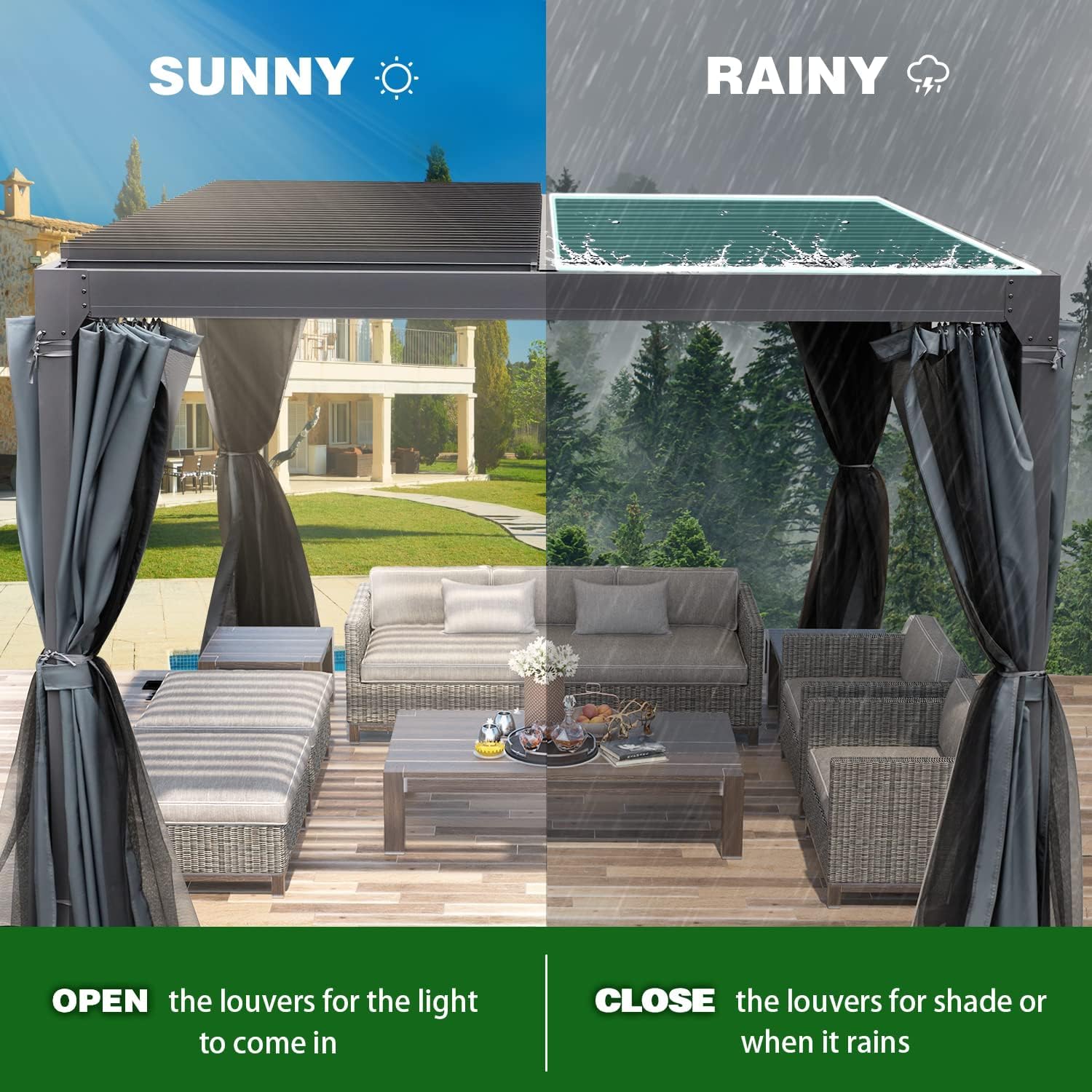 MELLCOM 10x12ft Louvered Pergola with Curtains and Nets, Aluminum Pergola with Adjustable Rainproof Roof, Outdoor Hardtop Pergola for Patio, Backyard, Deck, Dark Gray