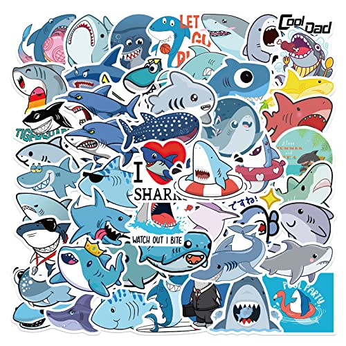 Cute Shark Stickers for Kids Boys, Cool Ocean Shark Stickers Pack,50Pcs FDCcX Vinyl Waterproof Sticker Pack for Water Bottles, Laptop, Scrapbook, Funny Stickers for Kids Teens Adults (Shark)