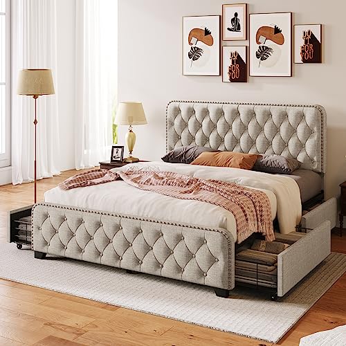 Livavege Queen Size Bed Frame with 4 Storage Drawers on Wheels & Button Tufted Headboard and Footboard, Modern Upholstered Platform Bed w/Steel Slats Support, Metal Queen Bedframe No Box Spring Needed