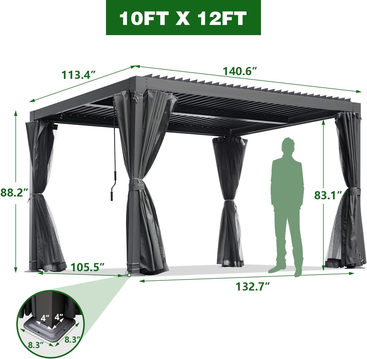 MELLCOM 10x12ft Louvered Pergola with Curtains and Nets, Aluminum Pergola with Adjustable Rainproof Roof, Outdoor Hardtop Pergola for Patio, Backyard, Deck, Dark Gray