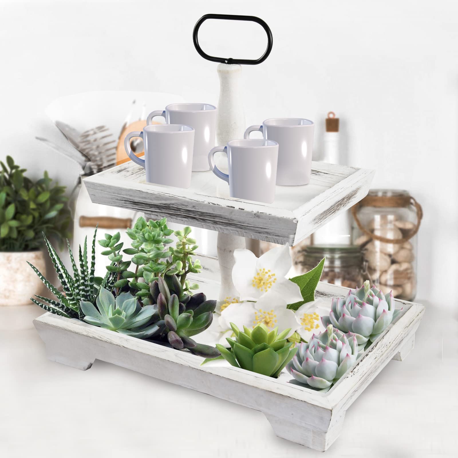 CRAZYMOTO Wood 2-Tier Rustic Tray, Farmhouse Tiered Tray Stand, Rectangular Tray for Cakes, Desserts, Fruits, Snack, Candy, 16x12x17 inches, 4 lbs, White