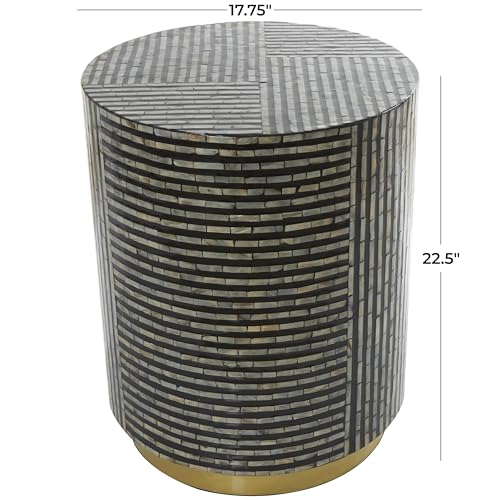 Deco 79 Mother of Pearl Shell Geometric Drum Accent Table with Gold Base, 18" x 18" x 23", Black