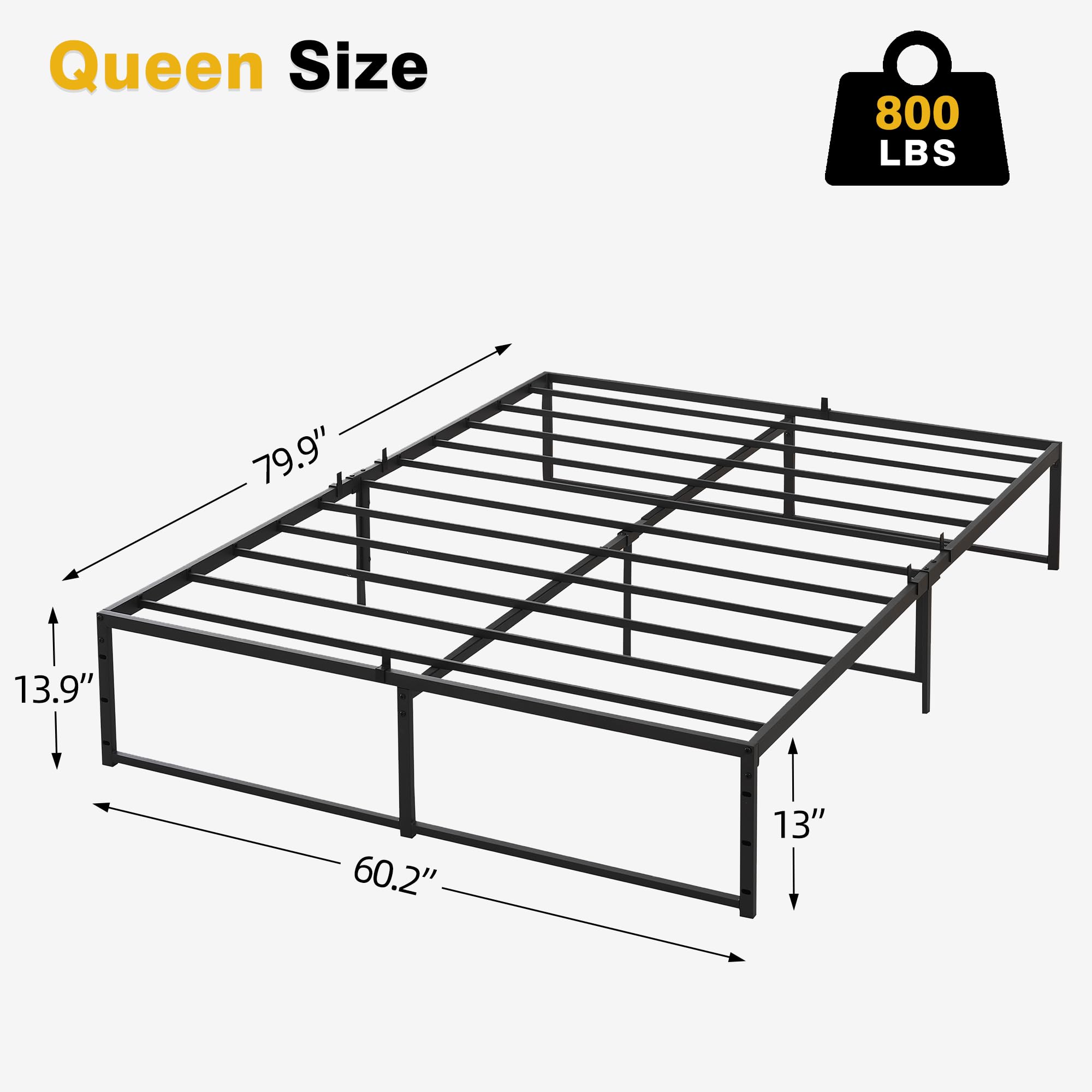IDEALHOUSE Queen Size Bed Frame, Ultra Sturdy Metal Queen Bed Platform Frame with 3 in 1 Steel Support, 14 inch No Box Spring Needed Easy to Assemble Black Bedframe - Queen