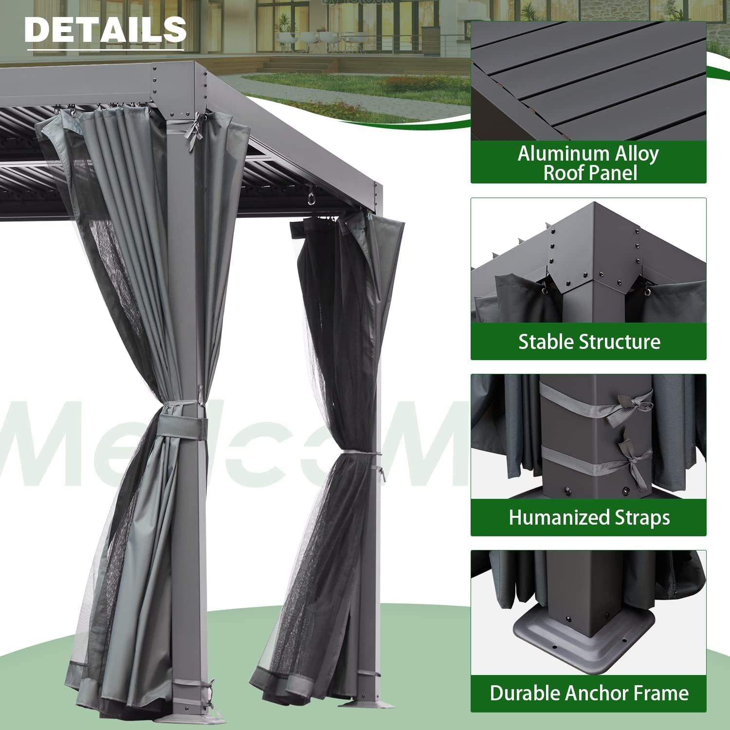 MELLCOM 10x12ft Louvered Pergola with Curtains and Nets, Aluminum Pergola with Adjustable Rainproof Roof, Outdoor Hardtop Pergola for Patio, Backyard, Deck, Dark Gray