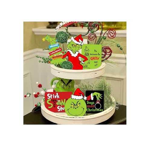 Christmas Tiered Tray Decorations Set Gifts (Tray Not Included) -𝑮𝒓𝒊𝒏𝒄𝒉𝒔 Christmas Decor,Grinchmas Table Top Xmas Christmas Party Decorations (Green-B)