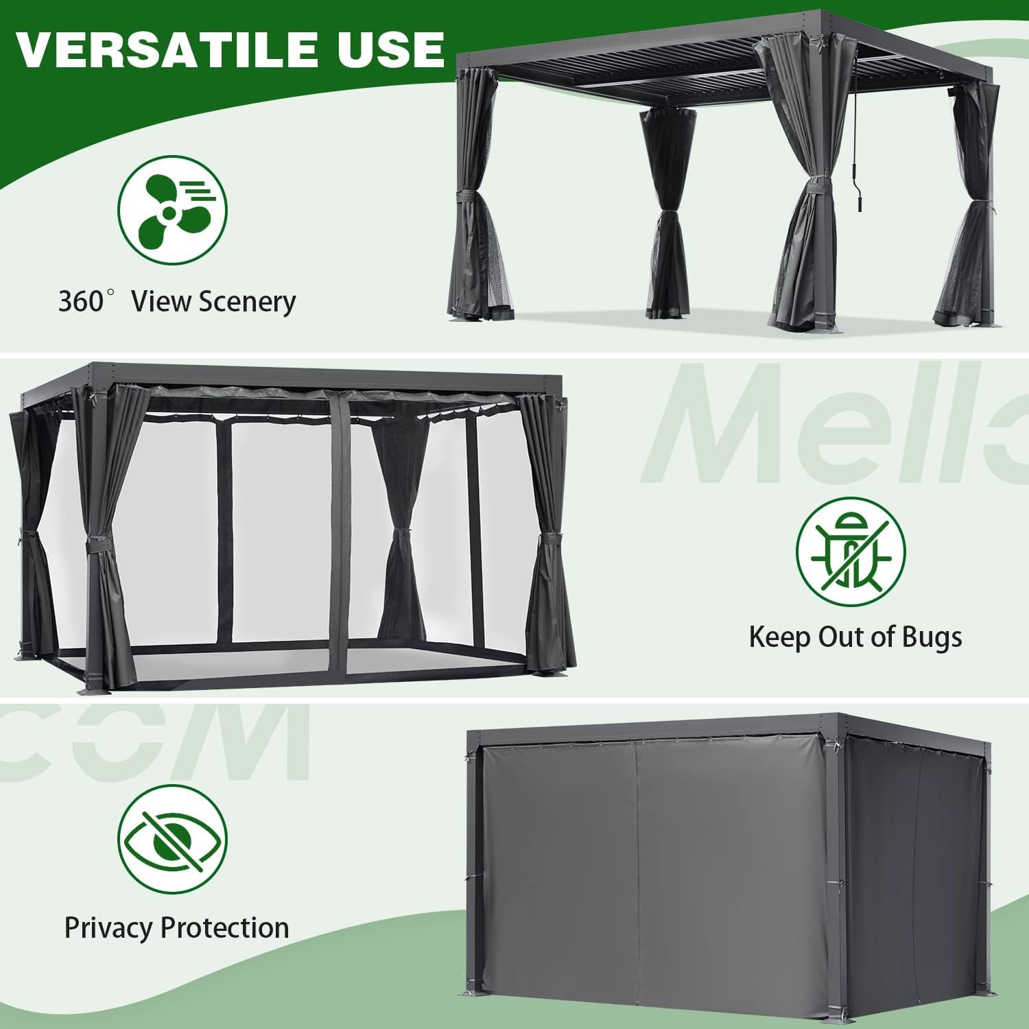 MELLCOM 10x12ft Louvered Pergola with Curtains and Nets, Aluminum Pergola with Adjustable Rainproof Roof, Outdoor Hardtop Pergola for Patio, Backyard, Deck, Dark Gray