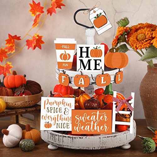 Two Tiered Tray with 11 Pcs Wooden Signs, Farmhouse Tiered Tray Decor Set Rustic Wood Home Kitchen Table Stand Decor Decorative Table Shelf Centerpiece(Autumn Style)