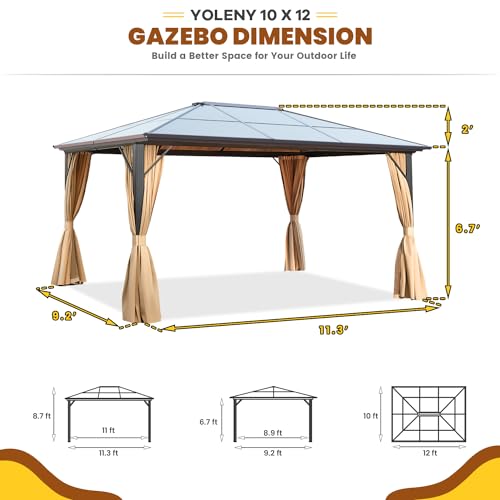 YOLENY 10'x12' Hardtop Gazebo, Outdoor Polycarbonate Roof Canopy, Aluminum Frame Permanent Pavilion with Curtains and Netting, Sunshade for Garden, Patio, Lawns