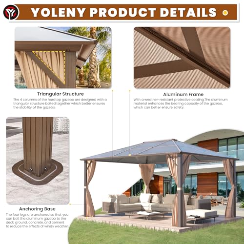 YOLENY 10'x12' Hardtop Gazebo, Outdoor Polycarbonate Roof Canopy, Aluminum Frame Permanent Pavilion with Curtains and Netting, Sunshade for Garden, Patio, Lawns